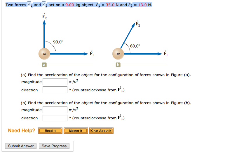 Solved Two Forces 1 And 2 Act On A 9 00 Kg Object F1