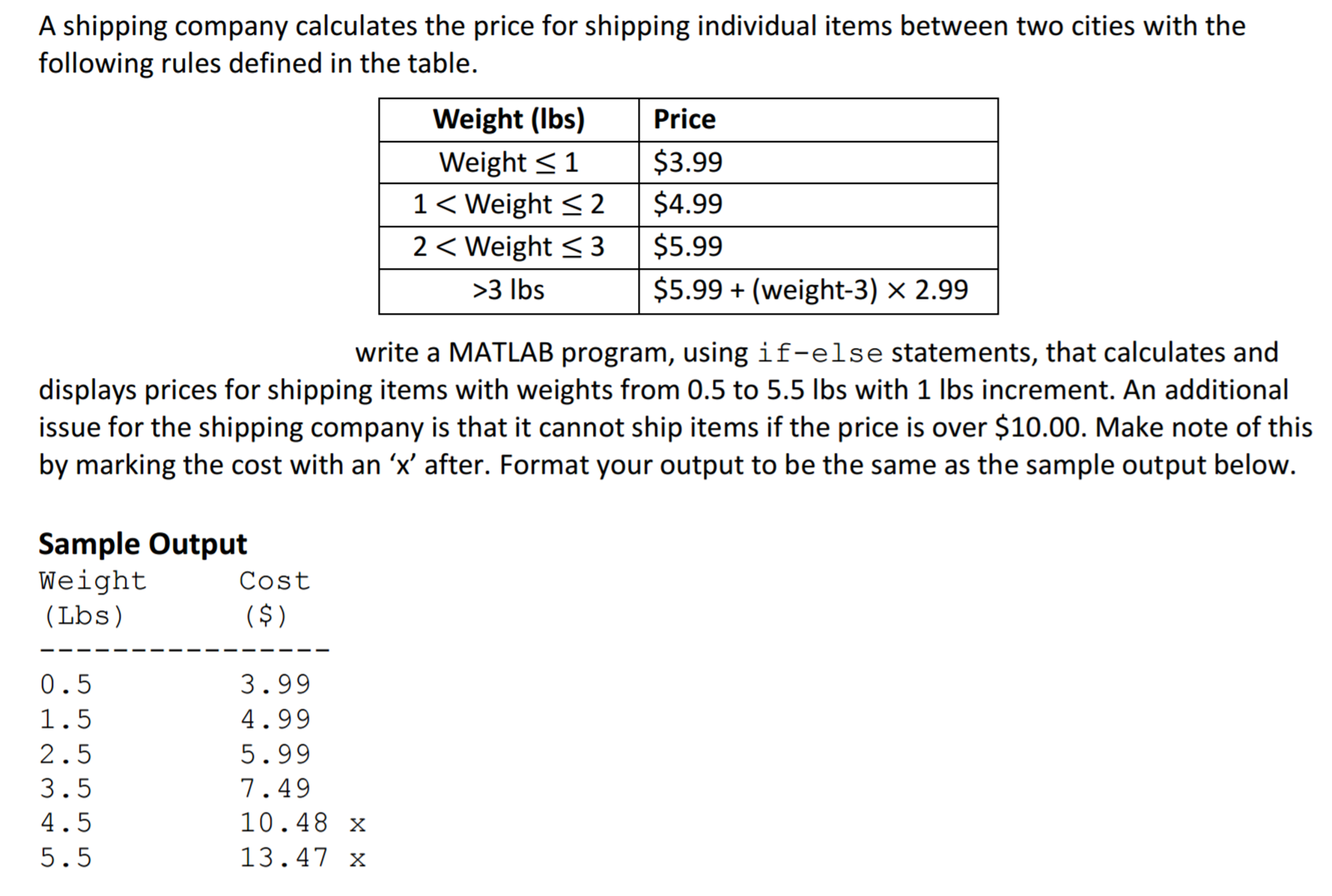 Solved A shipping company calculates the price for shipping | Chegg.com