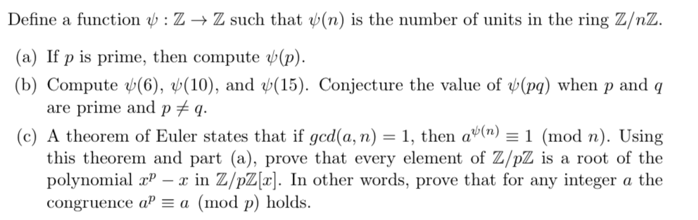 Z such that ?(n) is the number of units in the ring | Chegg.com