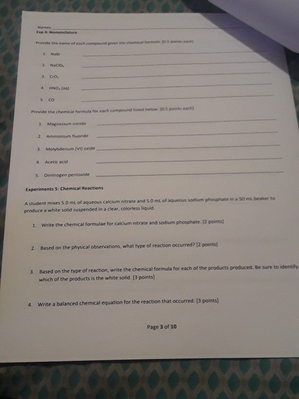 Solved Names Provide the name of each compound given the | Chegg.com