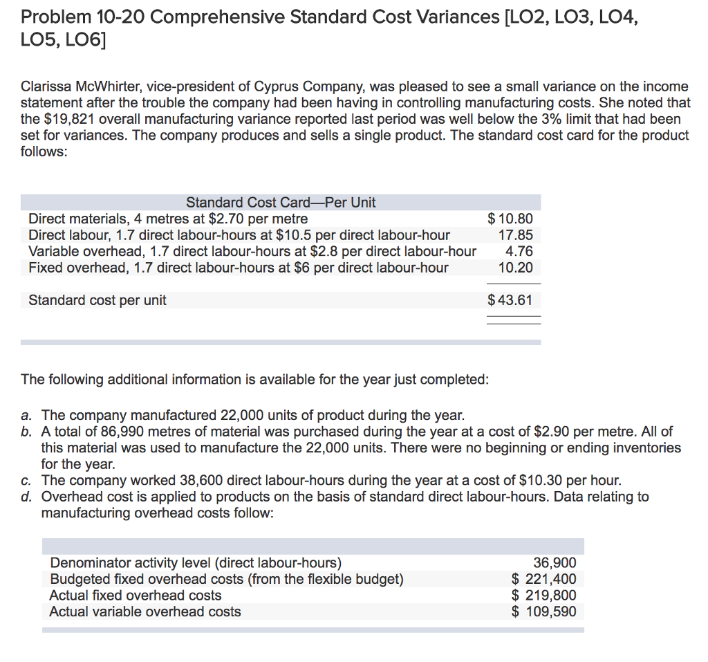 Solved Problem 10-20 Comprehensive Standard Cost Variances | Chegg.com