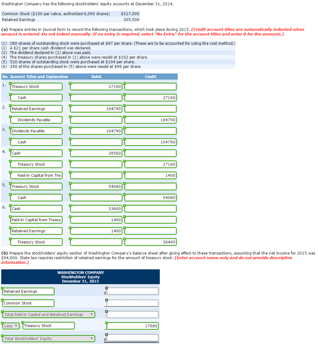 Solved Washington Company has the following stockholders' | Chegg.com