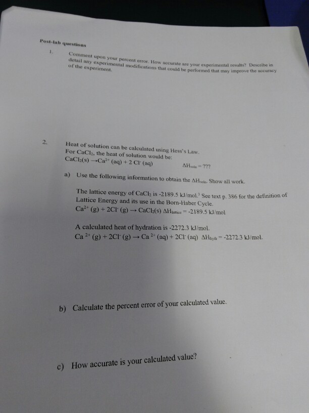 Solved Post-lab questions 1. Comment upon your percent | Chegg.com
