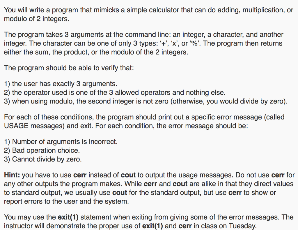 Solved You will write a program that mimicks a simple | Chegg.com