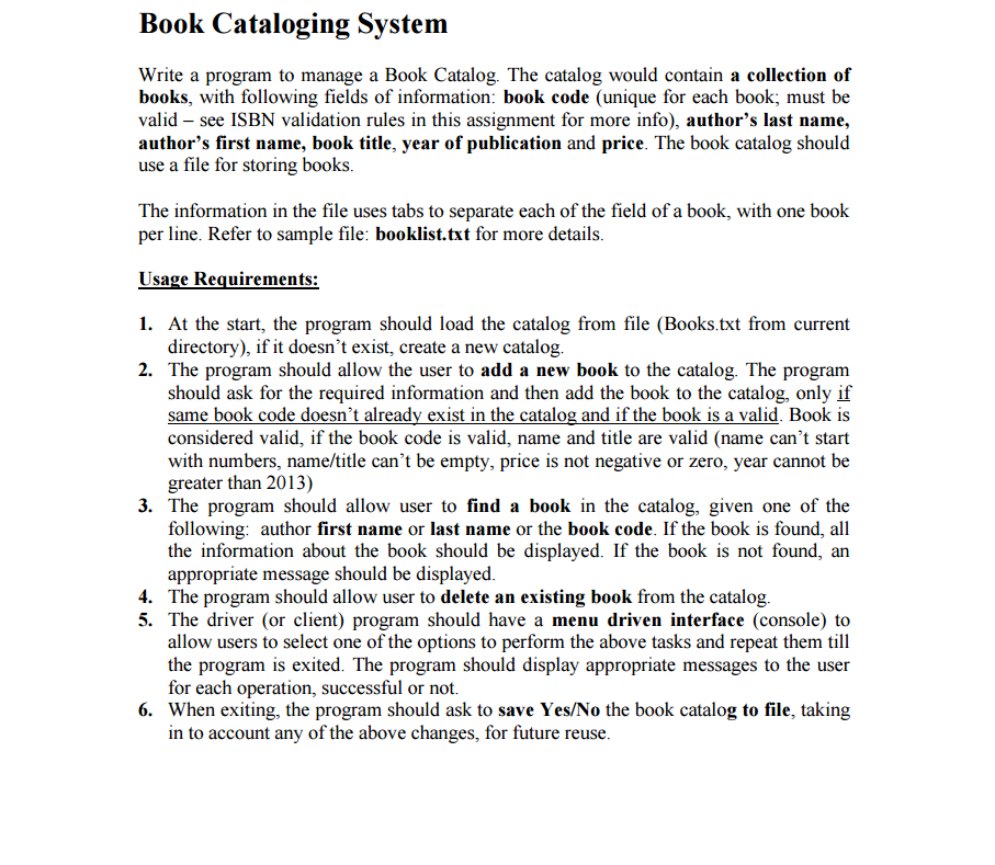 Solved Book Cataloging System Write a program to manage a | Chegg.com