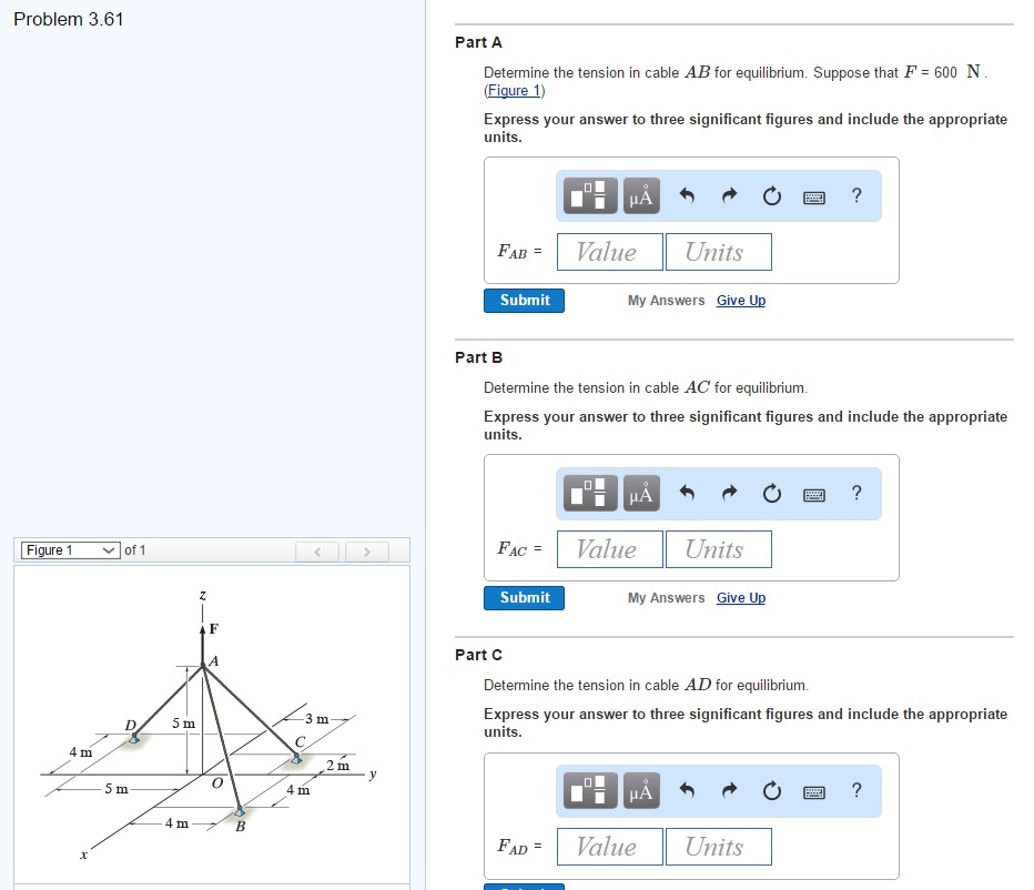 Solved Determine the tension in cable AB for equilibrium. | Chegg.com