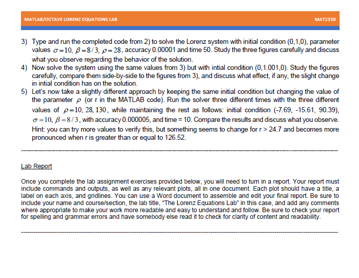 Solved Matlaboctave Lorenz Equations Lab Mat2330 Lab 4093