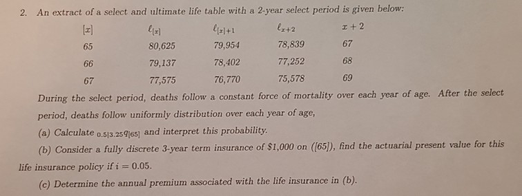 Solved 2. An extract of a select and ultimate life table | Chegg.com