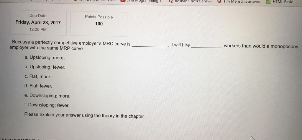 Solved Because a perfectly competitive employer's MRC curve | Chegg.com
