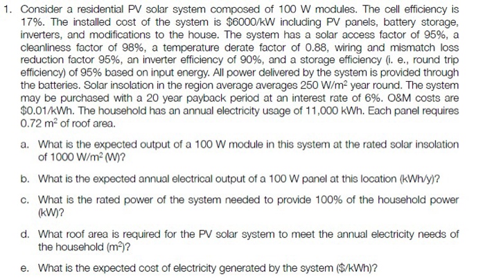 Consider a residential PV solar system composed of | Chegg.com