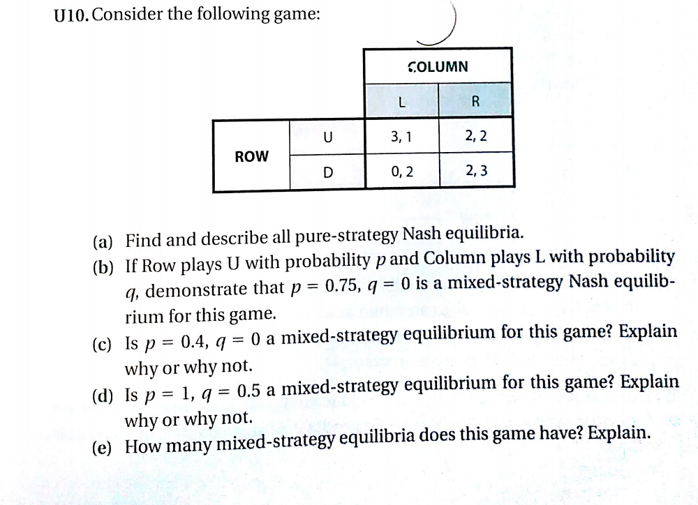 Solved U10.Consider the following game: COLUMN 3, 1 2, 2 ROW | Chegg.com