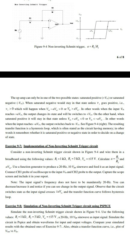 Solved Figure 9-4 Non-inverting Schmitt trigger, a R, R 6 of | Chegg.com