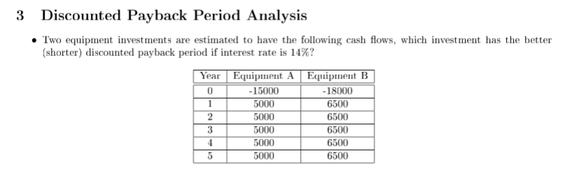 Solved 3 Discounted Payback Period Analysis Two equipment | Chegg.com