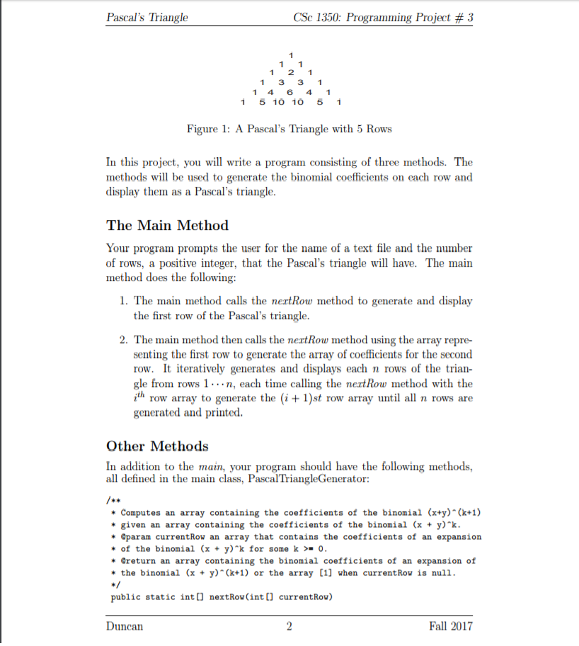 Pascal's Triangle CSc 1350: Programming Project # 3 | Chegg.com