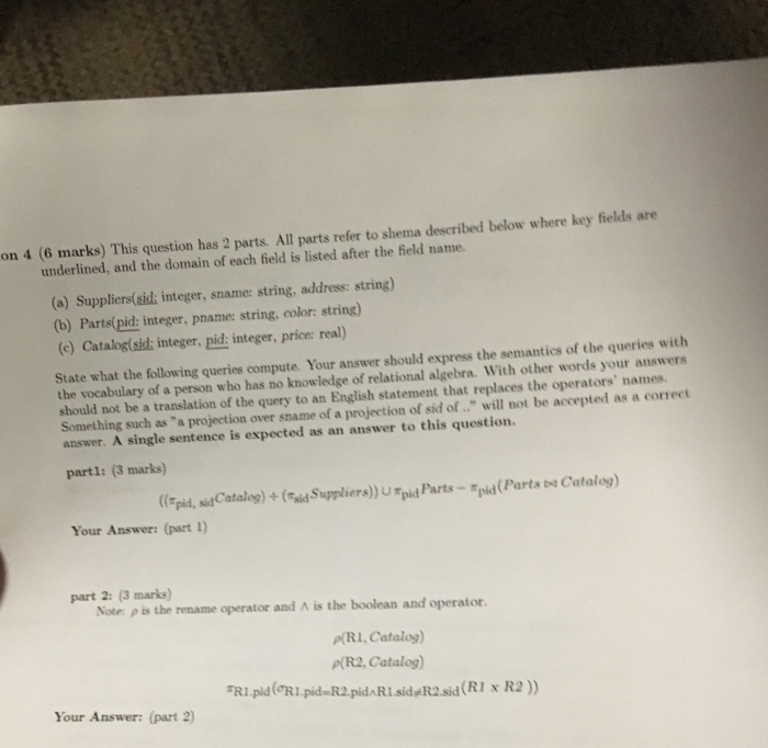 Solved This question has 2 parts. All parts refer to shema | Chegg.com