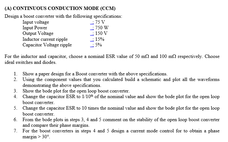 Solved (A) CONTINUOUS CONDUCTION MODE (CCM) Design a boost | Chegg.com
