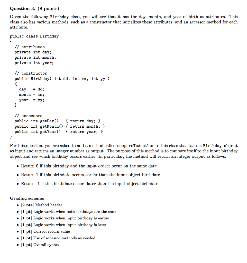 Solved Question 3. (8 points) Given the following Birthday | Chegg.com