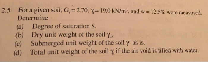 Solved 2.5 For a given soil, Gs=2.70, gamma 1= I9.0 | Chegg.com