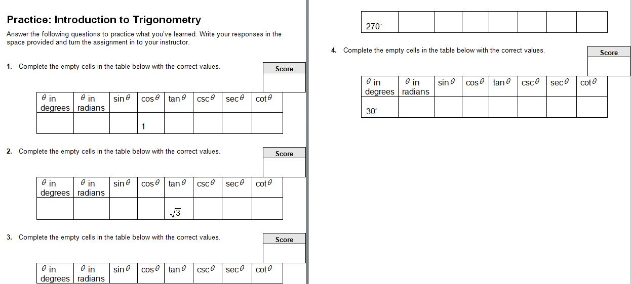 Introduction To Trigonometry Worksheet