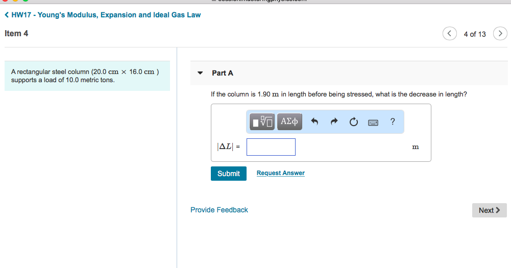 Solved HW17 - Young's Modulus, Expansion and Ideal Gas Law | Chegg.com