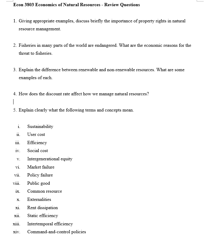Solved Econ 3803 Economics of Natural Resources - Review | Chegg.com