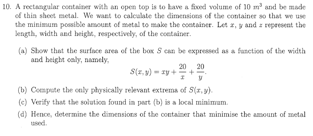 Solved A rectangular container with an open top is to have a | Chegg.com