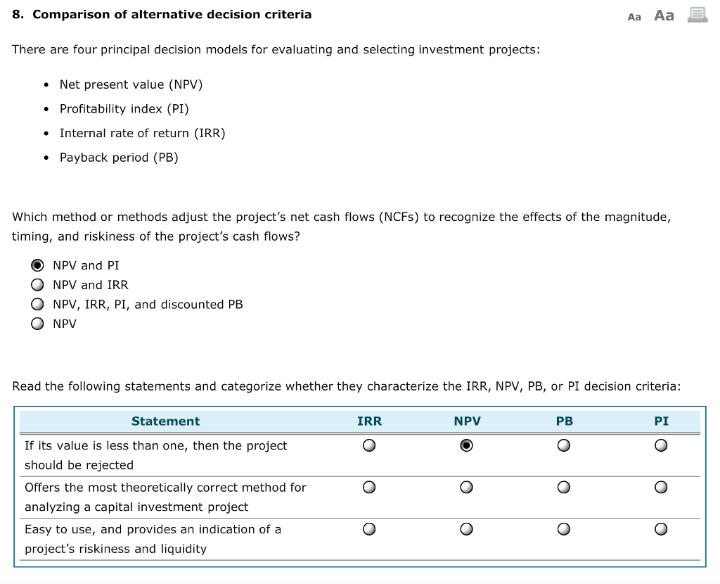 Solved 8. Comparison of alternative decision criteria Aa Aa | Chegg.com