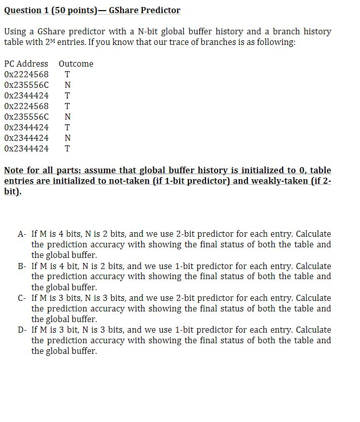 Question 1 (50 points) – GShare Predictor Using a | Chegg.com
