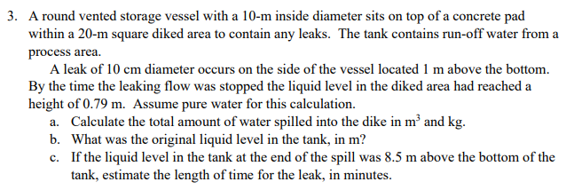 Solved 3. A round vented storage vessel with a 10-m inside | Chegg.com