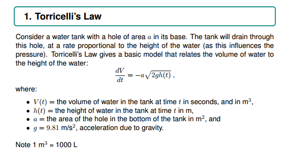 Solved 1. Torricelli's Law Consider a water tank with a hole | Chegg.com
