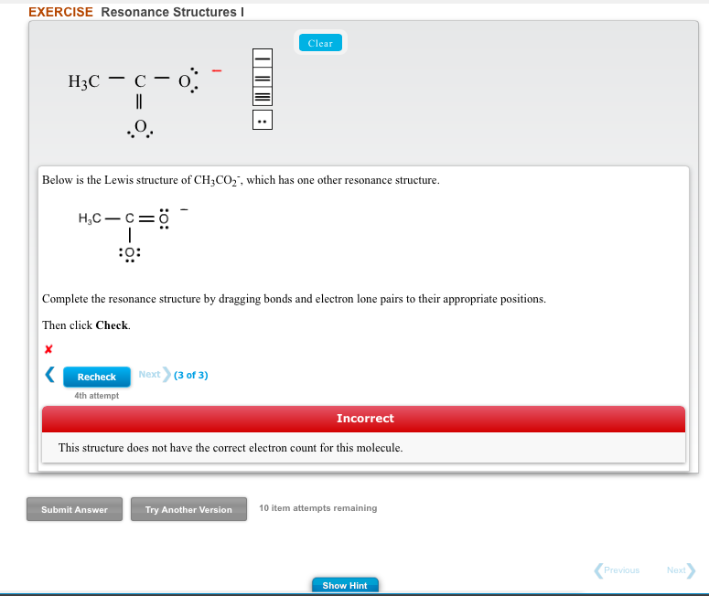 Solved EXERCISE Resonance Structures Clear Below is the | Chegg.com