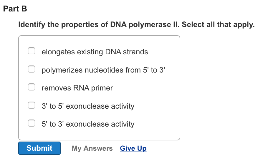 Solved Part B Identify the properties of DNA polymerase ll. | Chegg.com