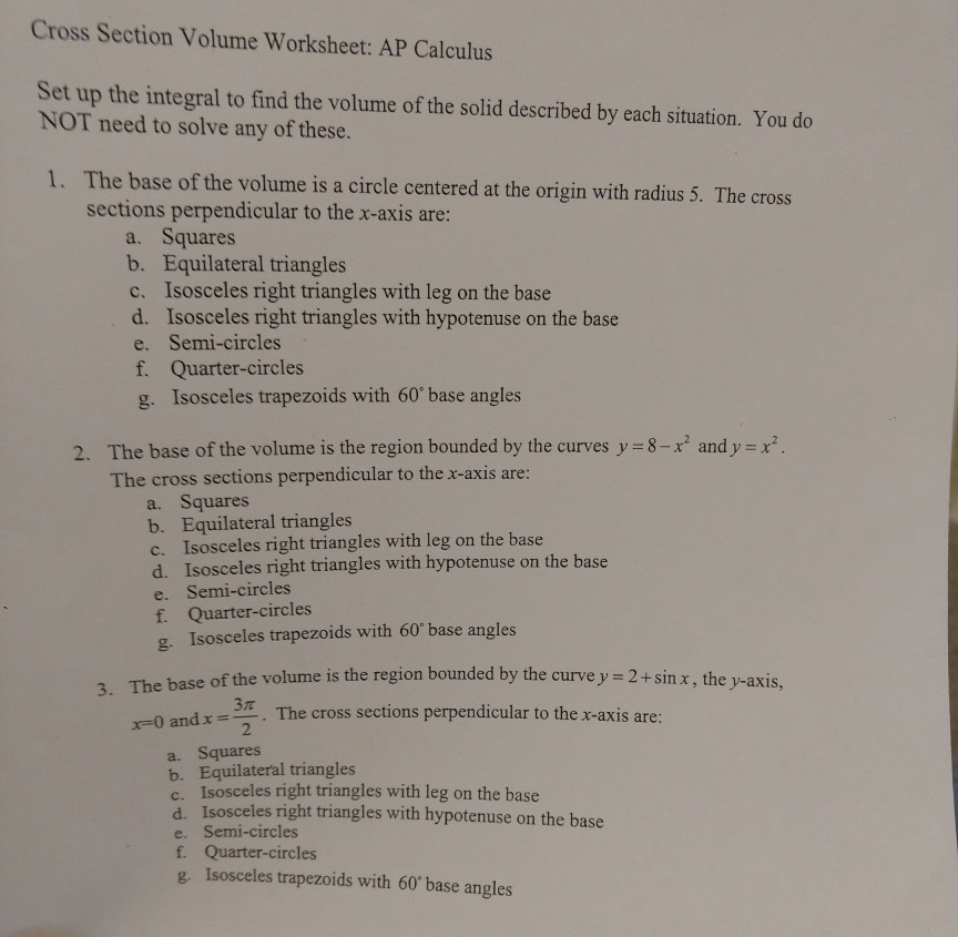 Solved Cross Section Volume Worksheet: AP Calculus Set up | Chegg.com