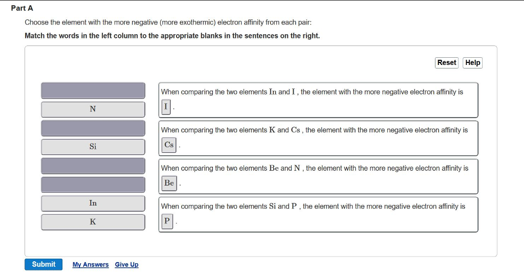 Solved Part A Choose the element with the more negative | Chegg.com
