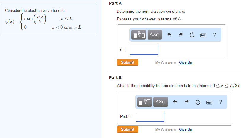 Solved Consider the electron wave function Psi (x) = {c sin | Chegg.com