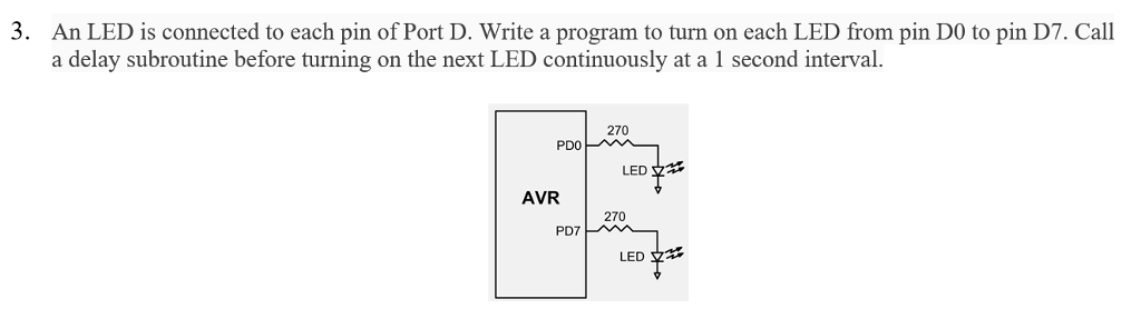 Solved 3. An LED is connected to each pin of Port D. Write a | Chegg.com