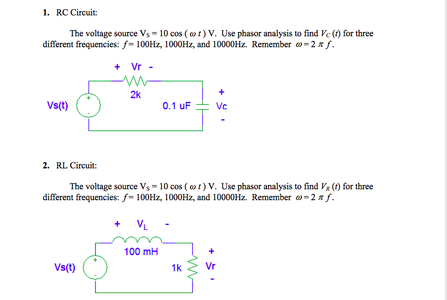 Solved 1. RC Circuit: The voltage source Vs = 10 cos ( ω t ) | Chegg.com