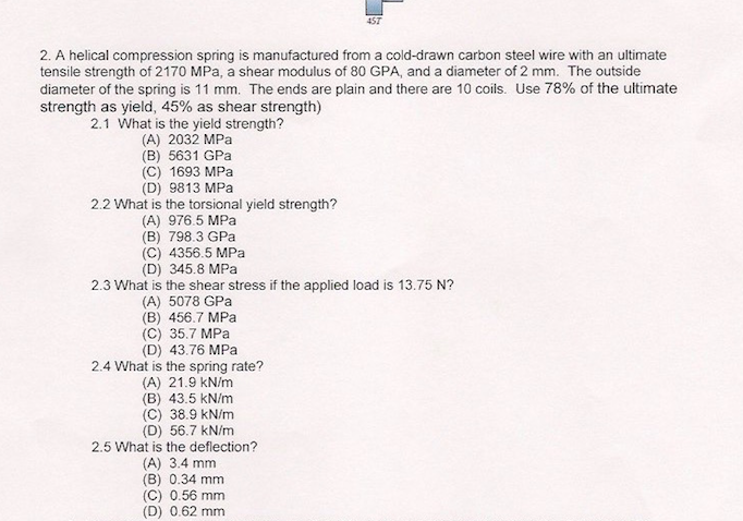 Solved 2. A helical compression spring is manufactured from | Chegg.com