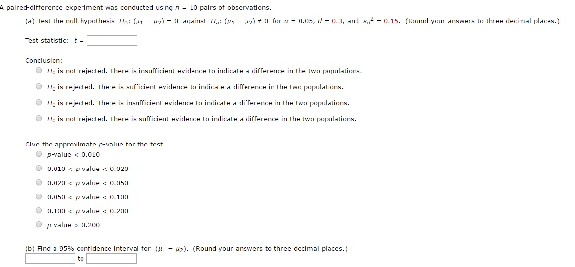 Solved A paired-difference experiment was conducted using n | Chegg.com