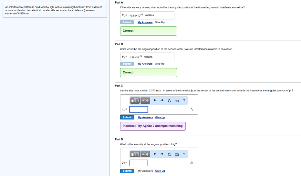 Solved Part A An interference pattern is produced by light | Chegg.com