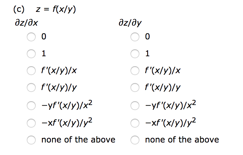 Solved Find dz/dx and dz/dy. (a) z=f(x)g(y) dz/dx 0 0 f'(x) | Chegg.com