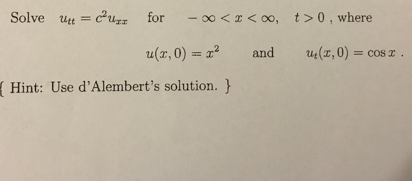 Solved Solve u_tt = c^2u_xx for - infinity