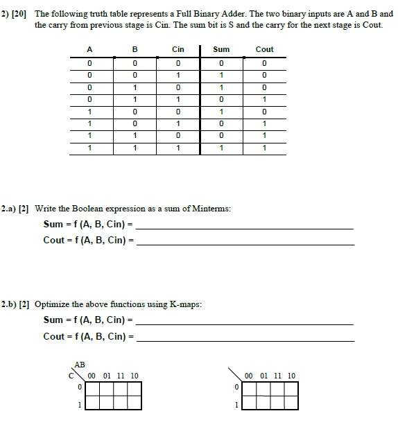 Solved 2) [20] The following truth table represents a Full | Chegg.com