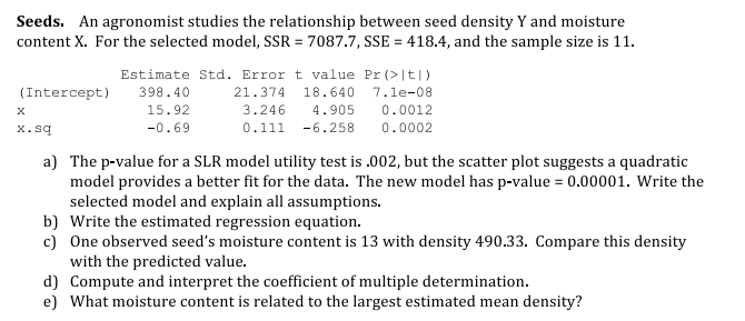 Solved Seeds. An agronomist studies the relationship between | Chegg.com