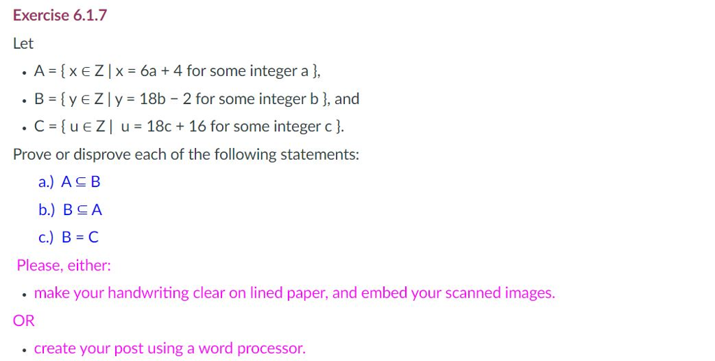 Solved Exercise 6.1.7 Let ·A={xeZlx=6a + 4 for some integer | Chegg.com