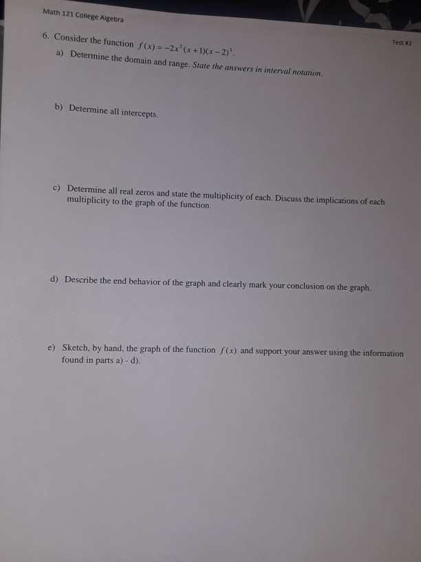 Solved Math 121 College Algebra Test #2 6. Consider the | Chegg.com
