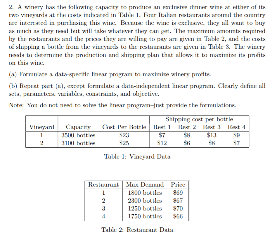 Solved 2. A winery has the following capacity to produce an | Chegg.com