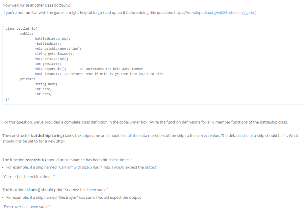 Solved Now we'll write another class battleShip. If you're | Chegg.com