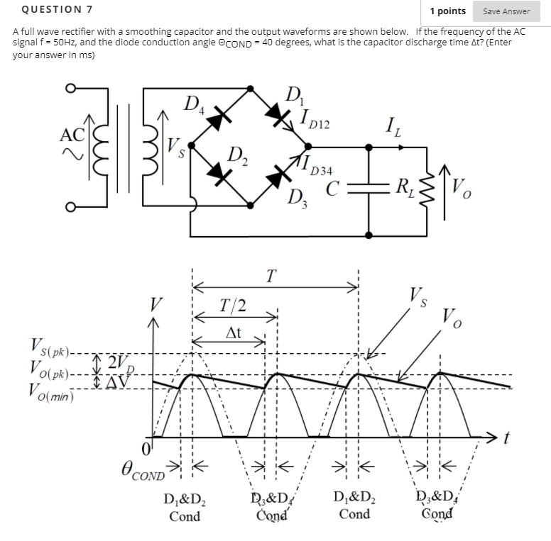 Solved QUESTION 7 A full wave rectifier with a smoothing | Chegg.com