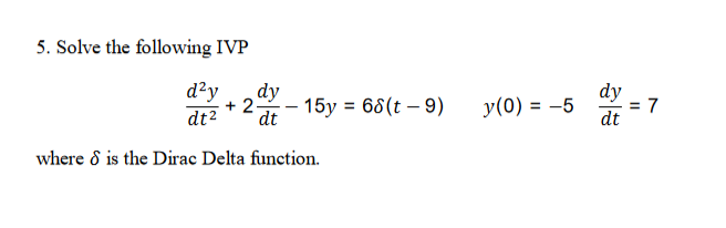 Solved 5. Solve the following IVP dy dt dt2 dt where δ is | Chegg.com
